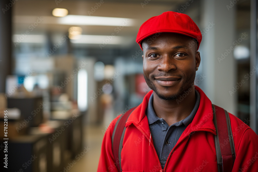 Generative AI picture of black man postman in uniform delivering parcel ...