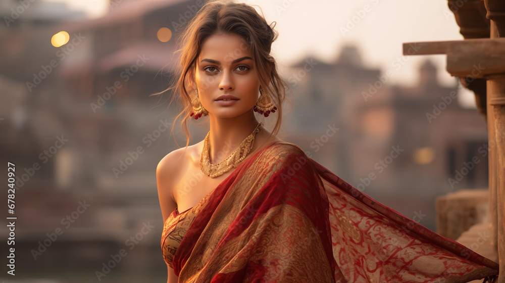 Indian fashion model in a sari on Benaras ghats and posing for camera ...