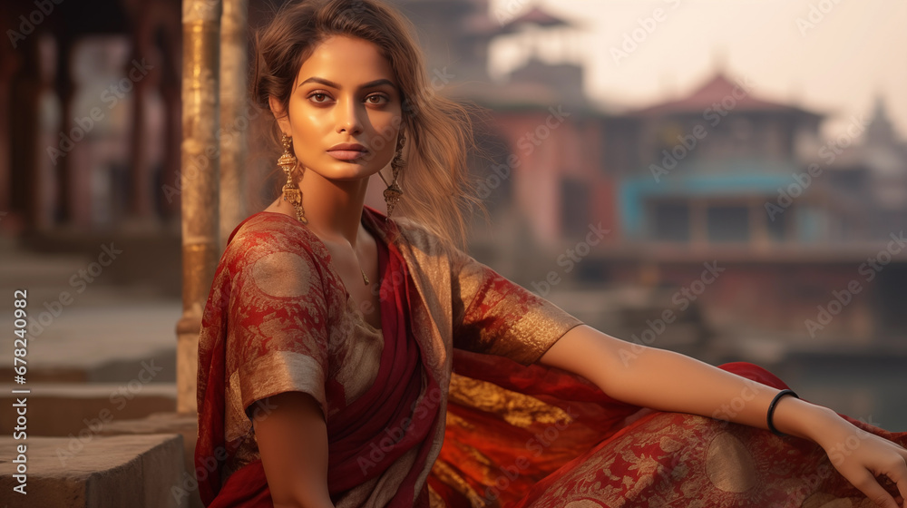 Indian fashion model in a sari on Benaras ghats and posing for camera ...