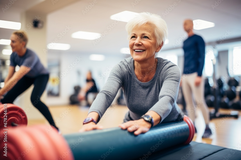 Lifestyle portrait photography of a focused old woman doing exercises ...