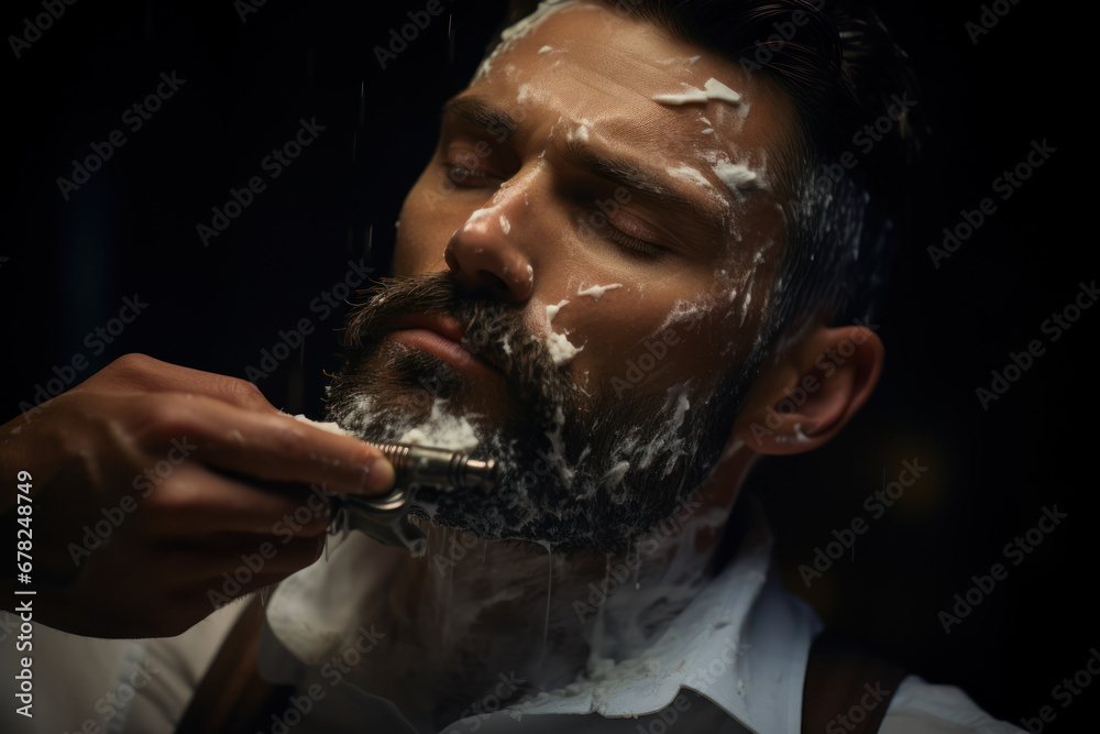 A close-up of a straight razor gliding smoothly over a well-lathered ...