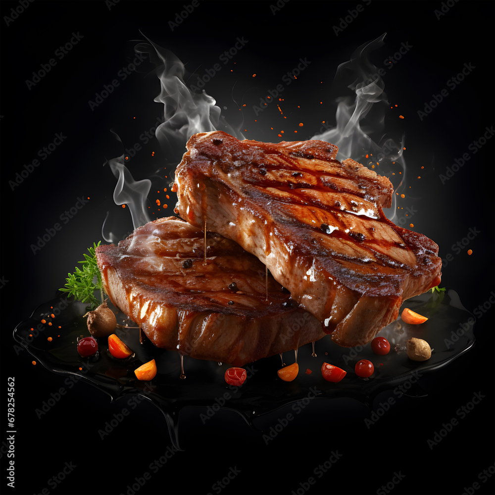 Flying pieces of beef rump steaks above grill flames, isolated on black ...