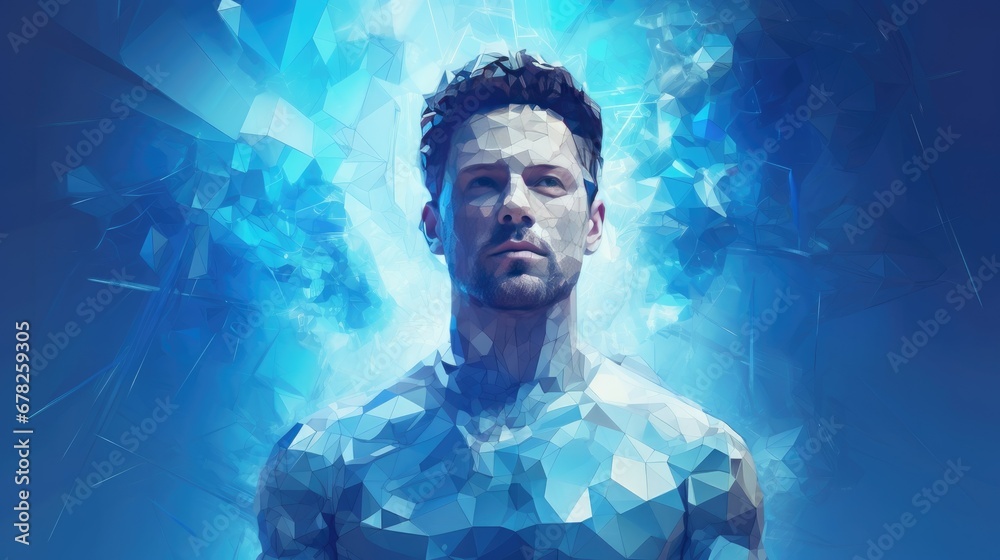 Low poly man in a digitally transforming blue environment, surrounded ...