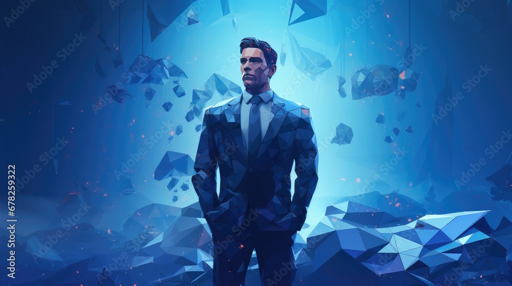 Low poly man in a digitally transforming blue environment, surrounded ...