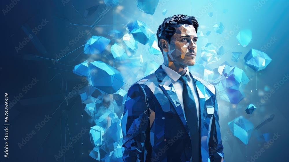 Low poly man in a digitally transforming blue environment, surrounded ...