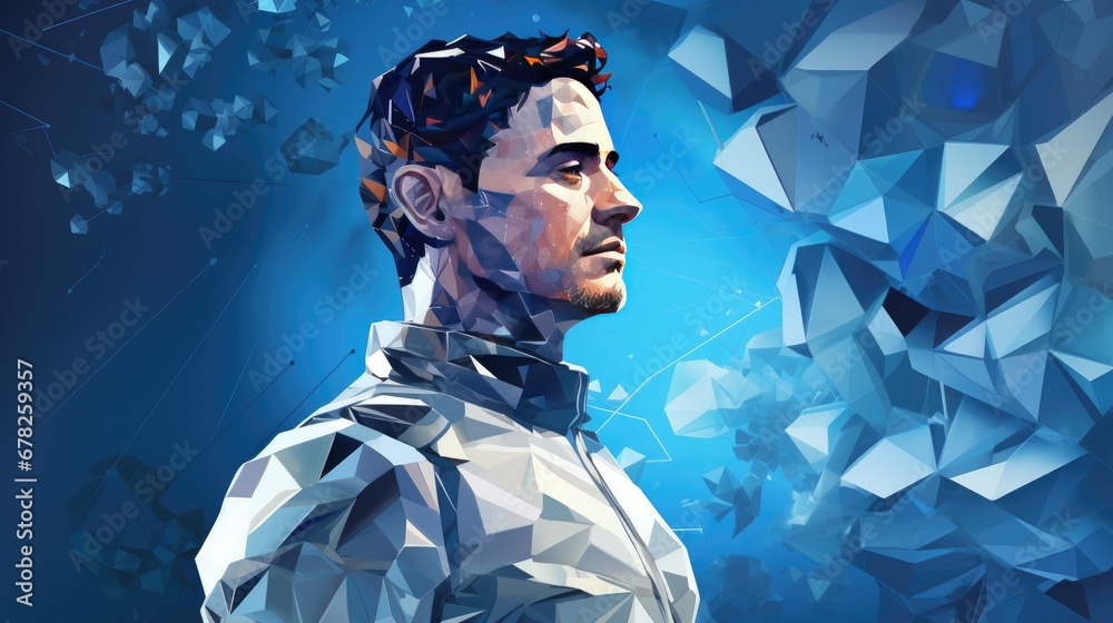 Low poly man in a digitally transforming blue environment, surrounded by shards of exploding low ...