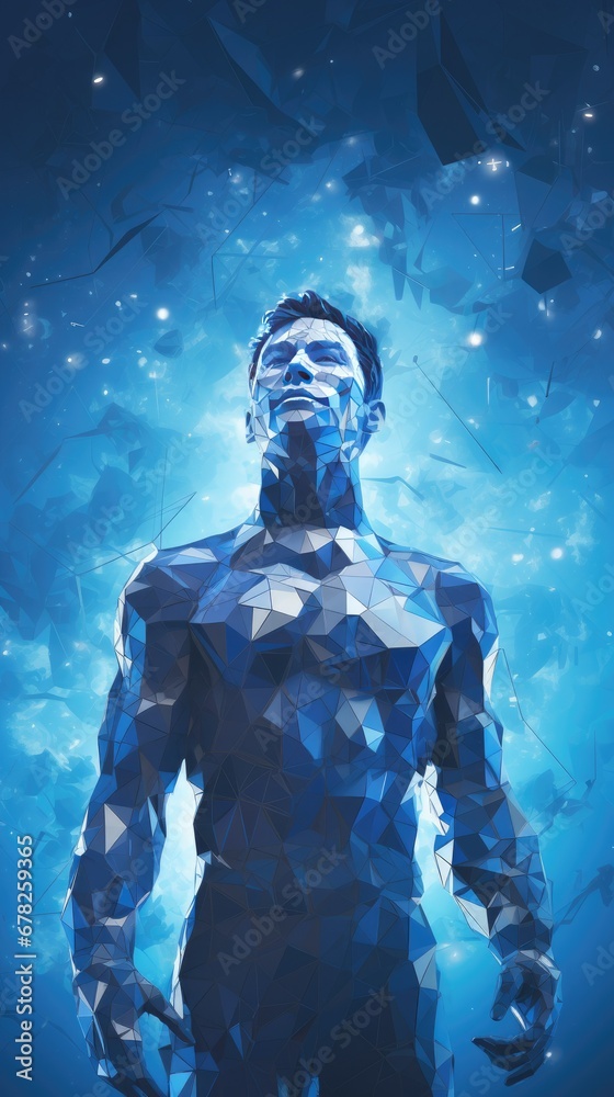 Low poly man in a digitally transforming blue environment, surrounded ...