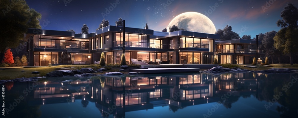 A modern riverside mansion, aglow with soft exterior and landscape ...