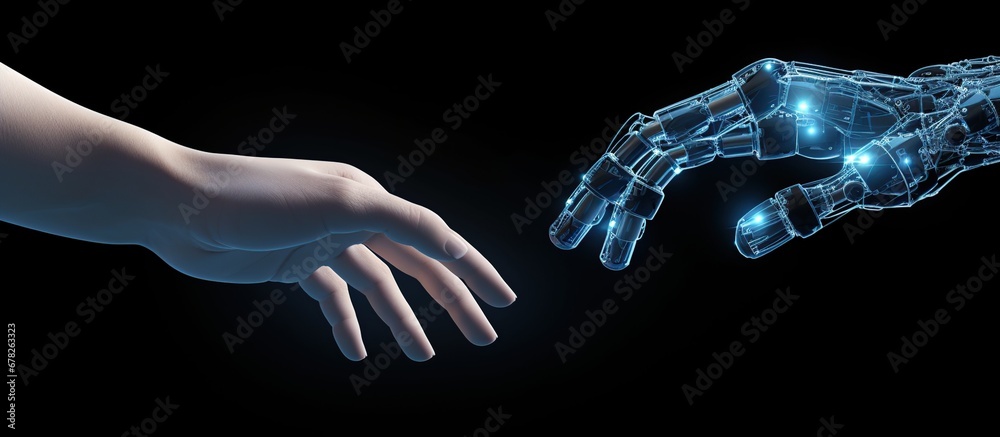 Technology humanoid Robot hand making help with human hand. 3d ...