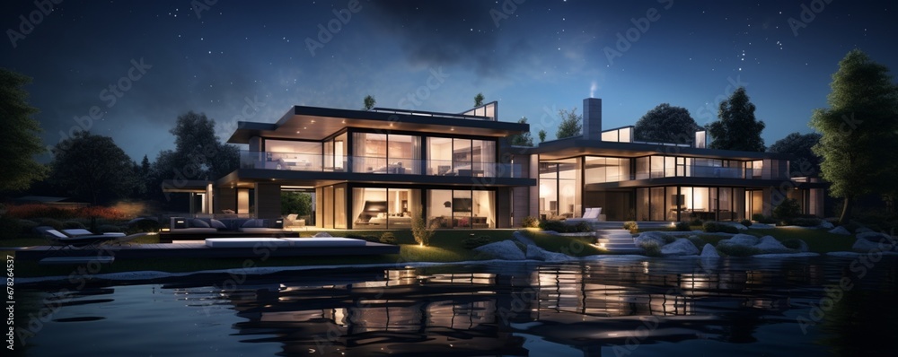 A modern riverside mansion, aglow with soft exterior and landscape ...