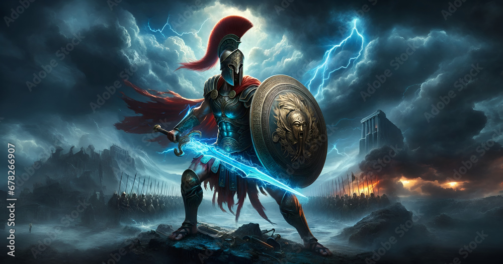 Ancient Spartan warrior in a Greek armor, standing boldly with a sword ...