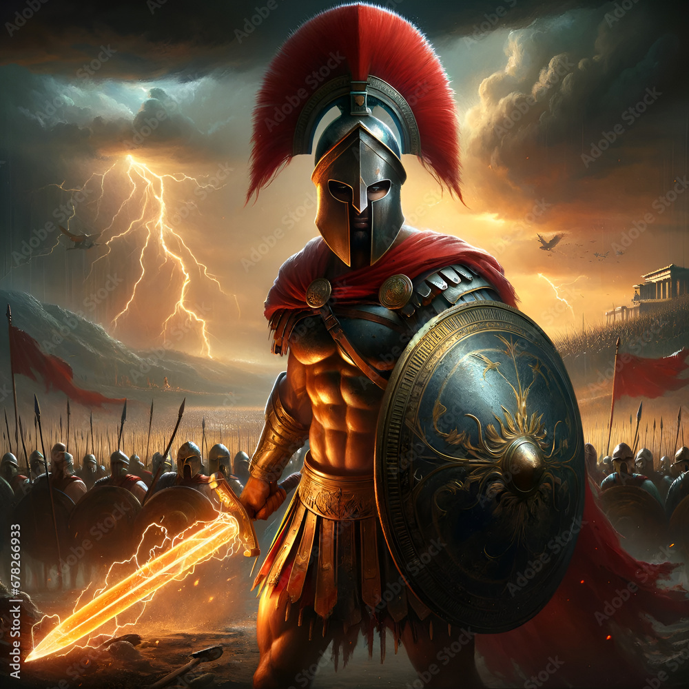 Ancient Spartan warrior in a Greek armor, standing boldly with a sword ...