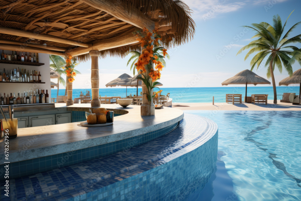 A resort pool with a built-in swim-up bar for tropical cocktails ...