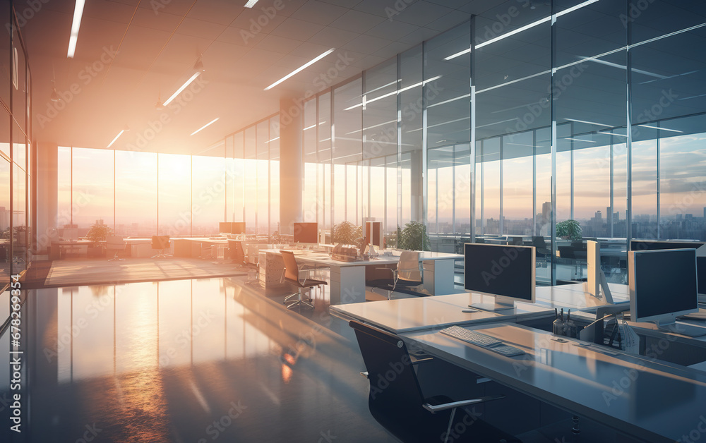 Hermoso fondo borroso de un interior de oficina moderno y luminoso con ...