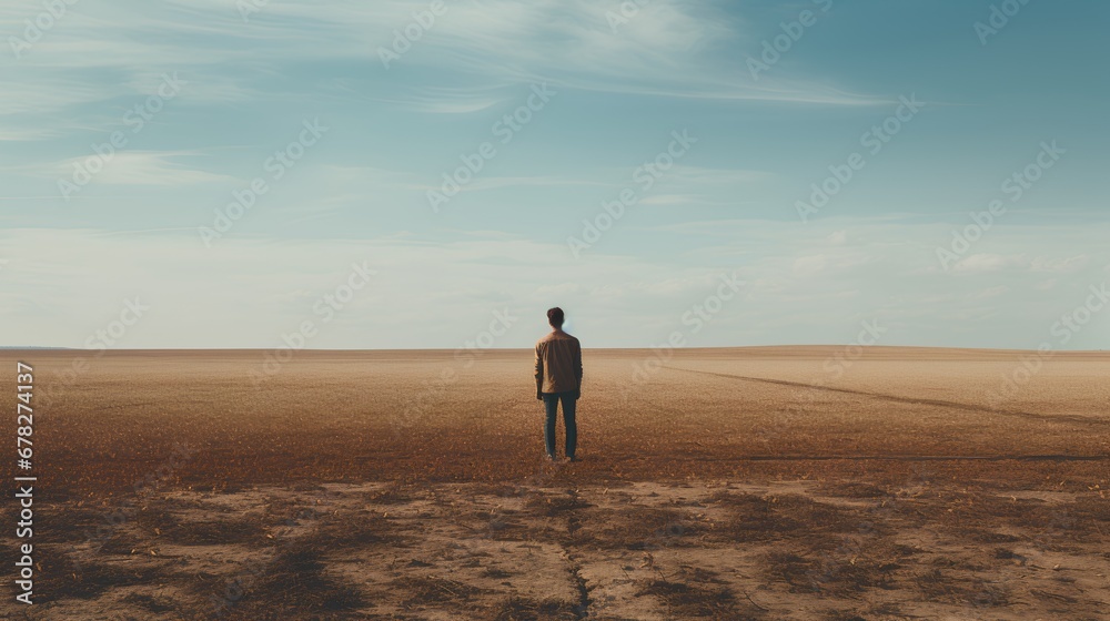 A somber image depicting a lone individual on the brink of an expansive ...