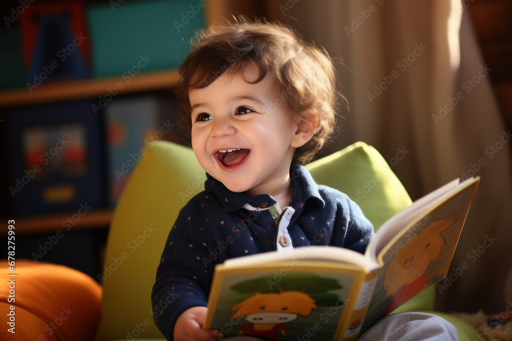 jeune enfant heureux en train de lire un livre, absorbé, captiver par ...