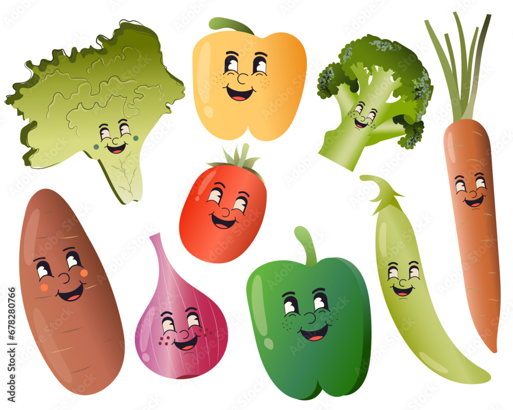 Cute vegetable characters with funny faces. Happy smiling healthy ...