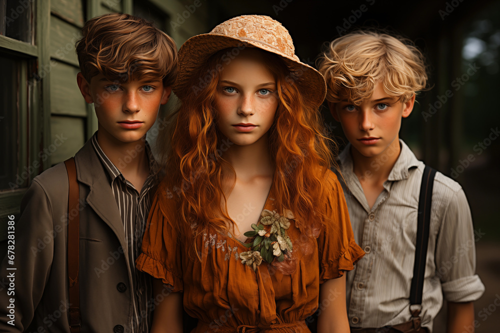 vintage portrait of young people, siblings posing together on the front ...