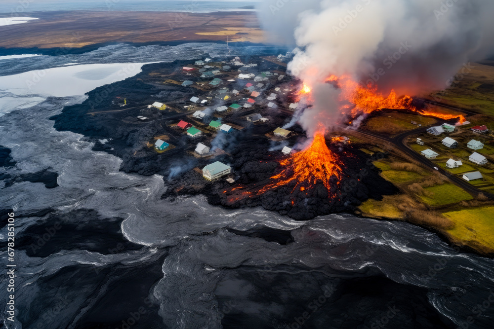 Fotka „Aerial view of Icelandic town devastated by lava from a volcanic ...
