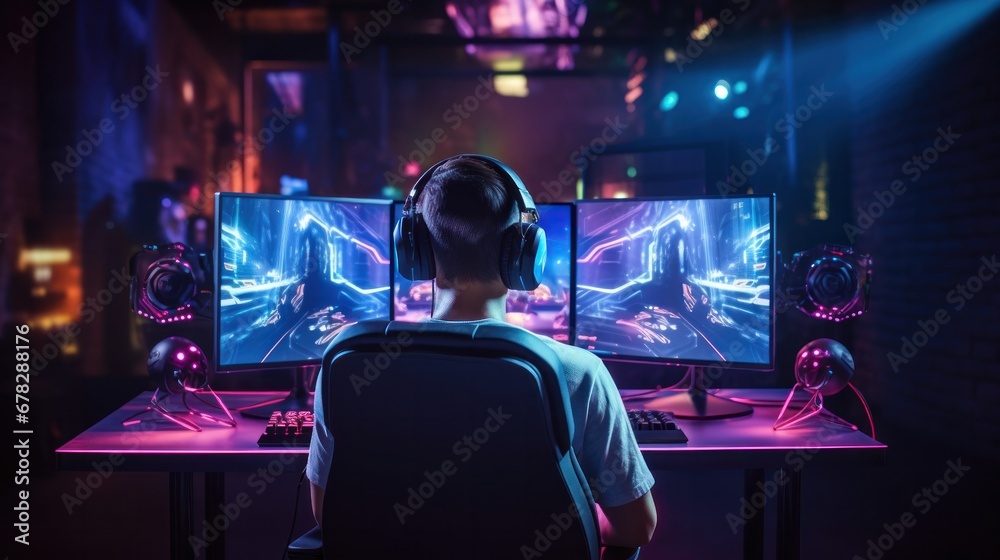 pro gamer man in headphones live streaming while playing online ...