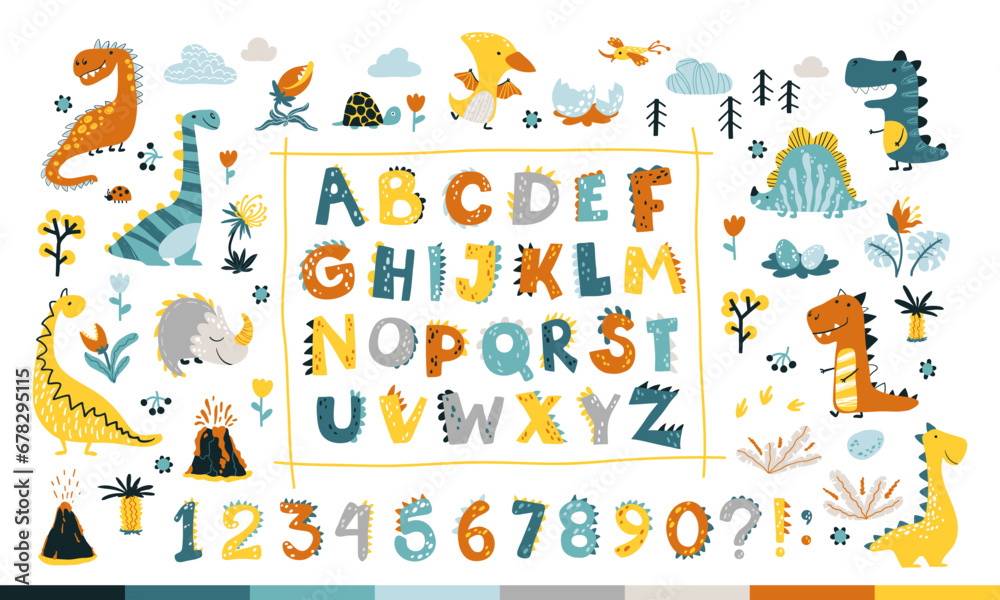 Dino collection with alphabet and numbers. Funny comic font in simple ...
