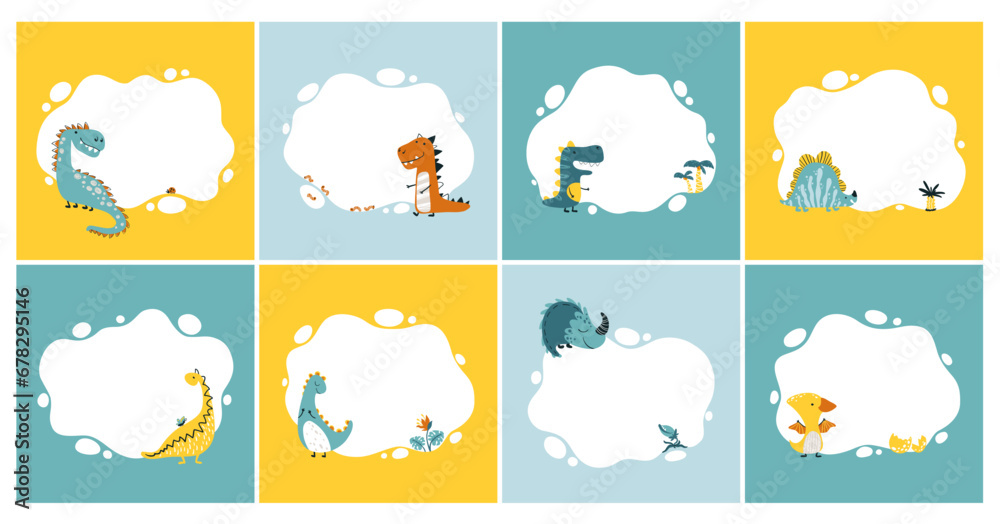 Dino set of frames for photos, templates for text or invitations ...