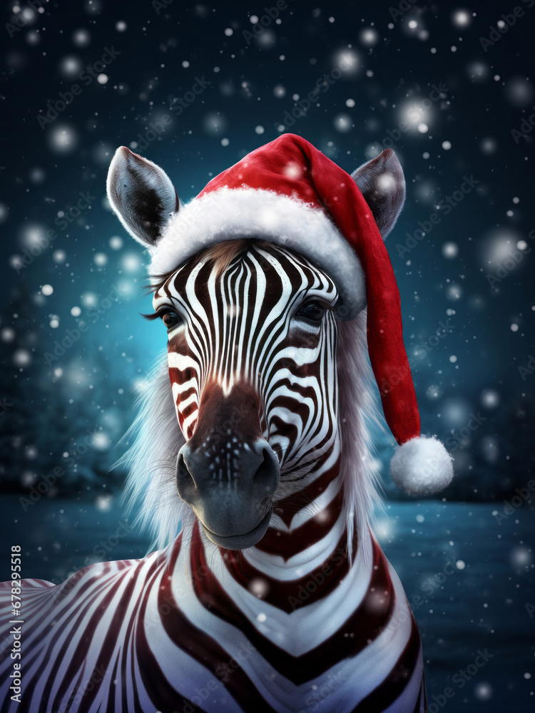 Watercolor Christmas zebra with Santas hat illustration, cute dragon ...