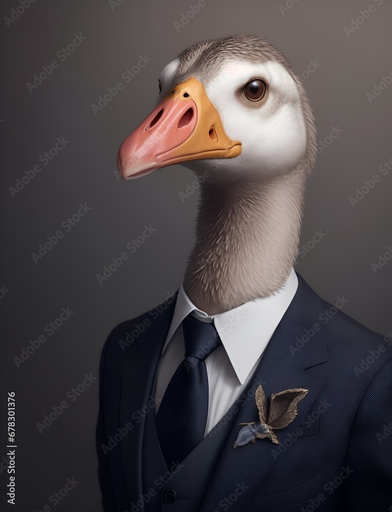 Goose is dressed elegantly in a suit with a lovely tie. An ...