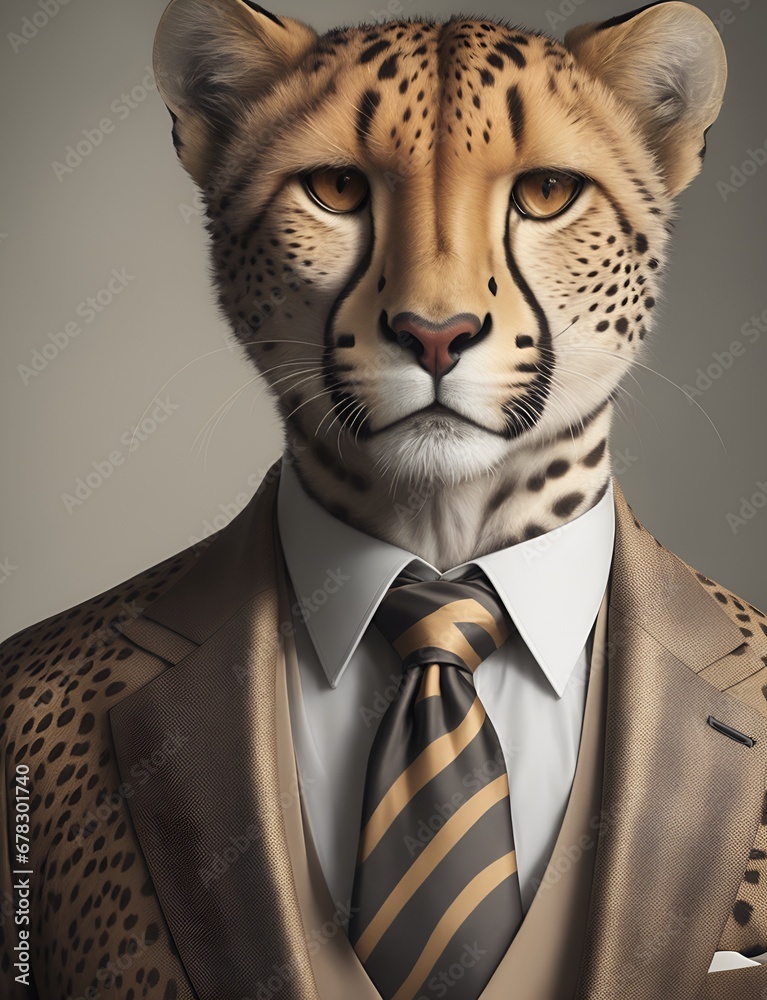 Cheetah is dressed elegantly in a suit with a lovely tie. An ...