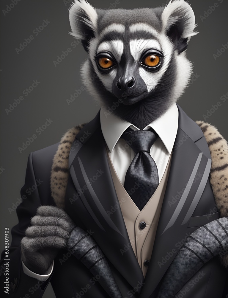 Lemur is dressed elegantly in a suit with a lovely tie. An ...