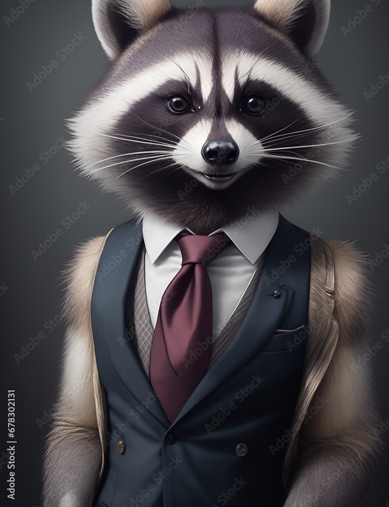 Racoon is dressed elegantly in a suit with a lovely tie. An ...