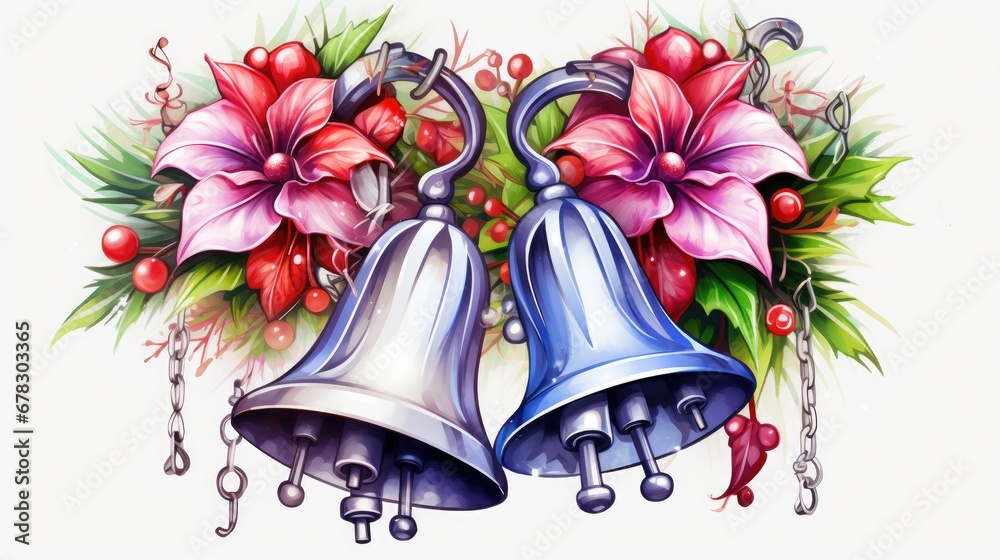 a drawing of two bells with flowers and bells hanging from it's sides ...