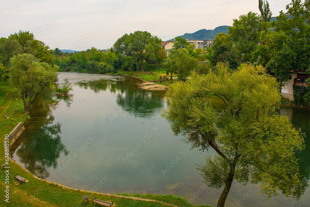 The Vrbas River as it flows through Banja Luka in Republika Srpska ...