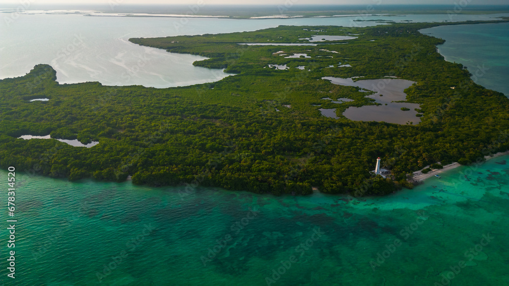 drone fly above natural park biosphere reserve in Tulum Sian Ka'an ...