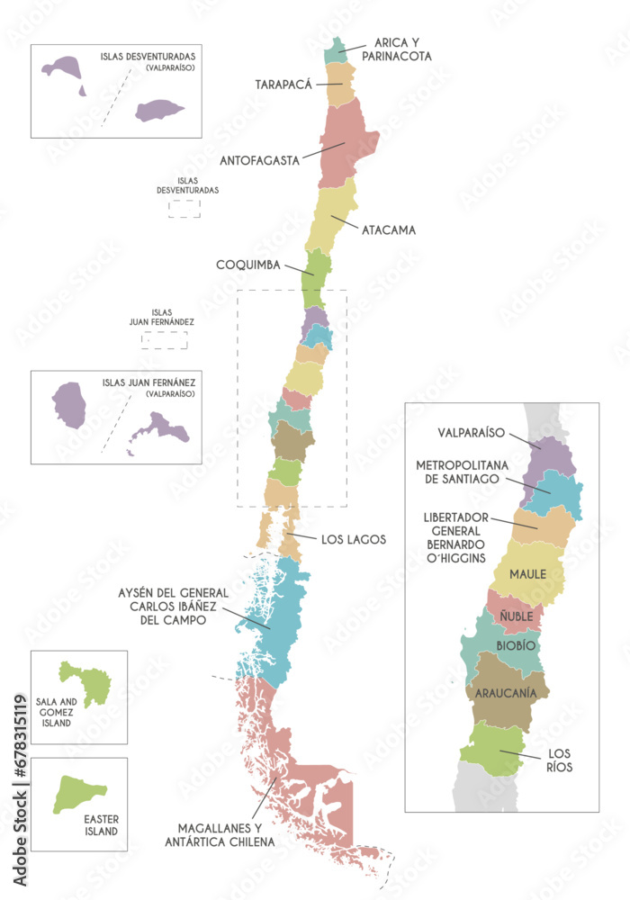 Vector map of Chile with regions and territories and administrative ...