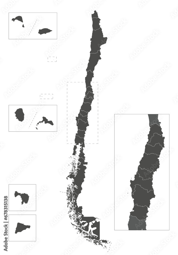 Vector blank map of Chile with regions and territories and ...