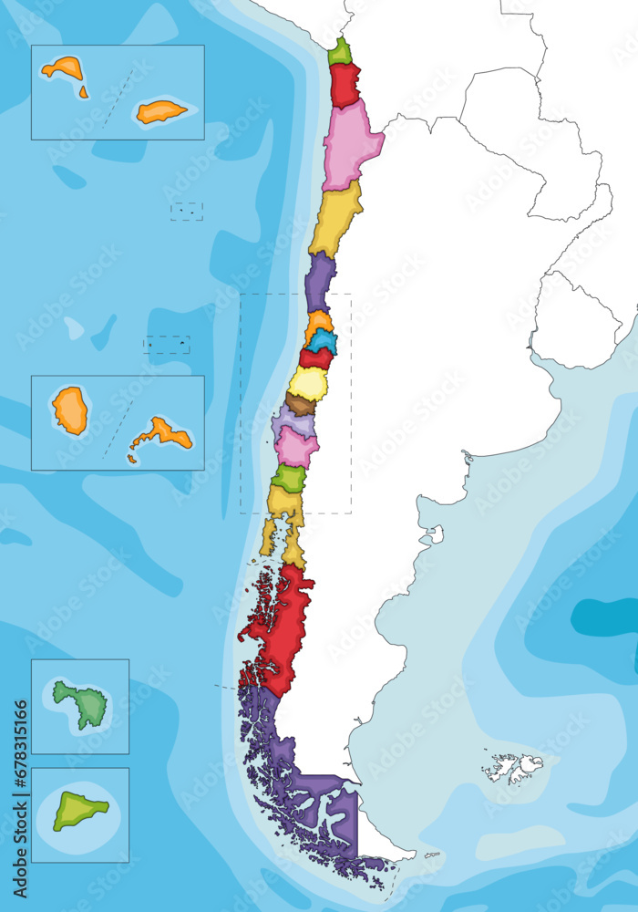 Vector illustrated blank map of Chile with regions and territories and ...