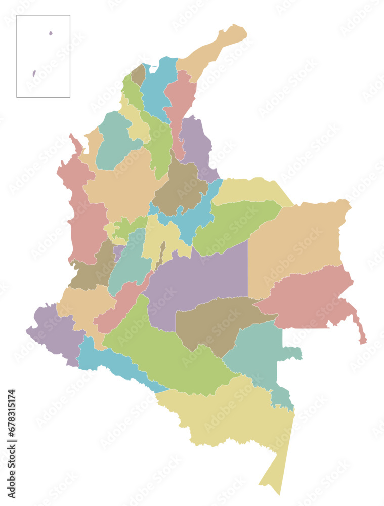 Vector blank map of Colombia with departments, capital region and ...