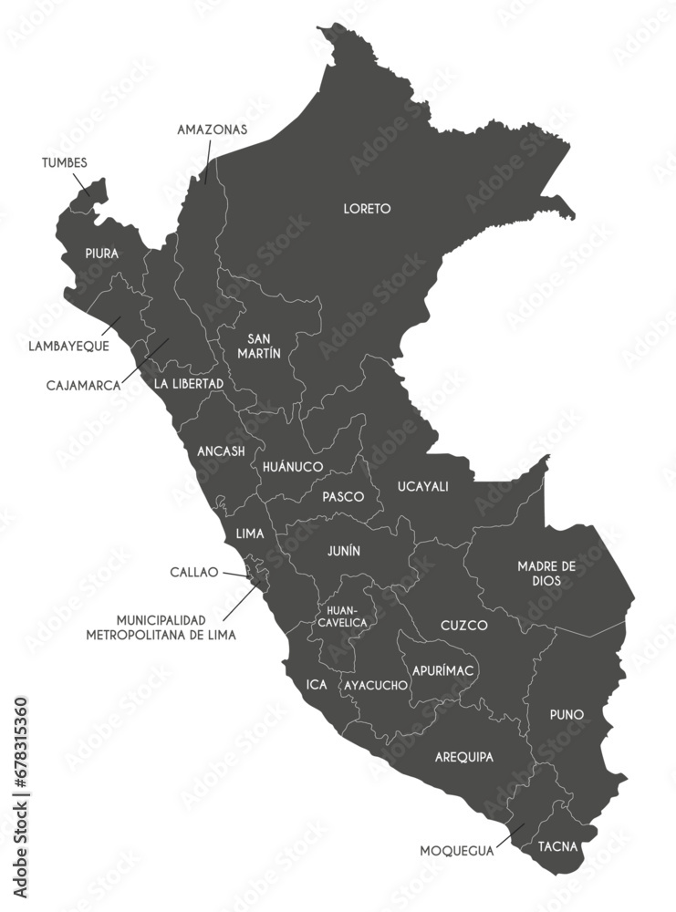 Vector map of Peru with departments, provinces and administrative ...