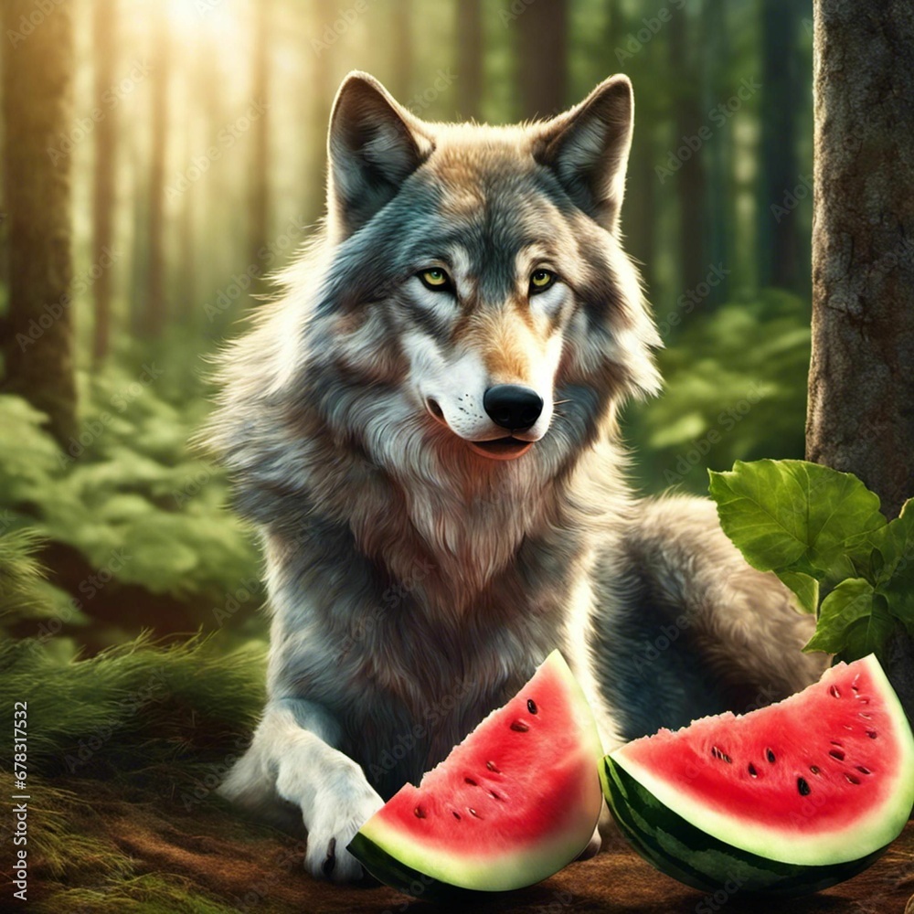 AI illustration of a gray wolf biting into a juicy slice of bright red ...