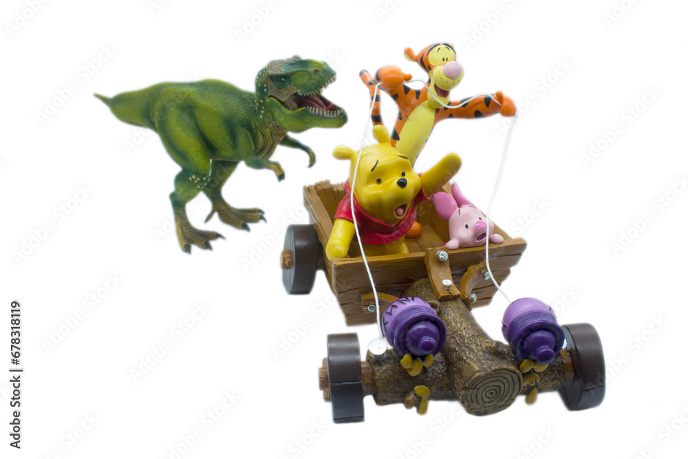 Winnie the pooh and his friends running away from a T-Rex on a white ...