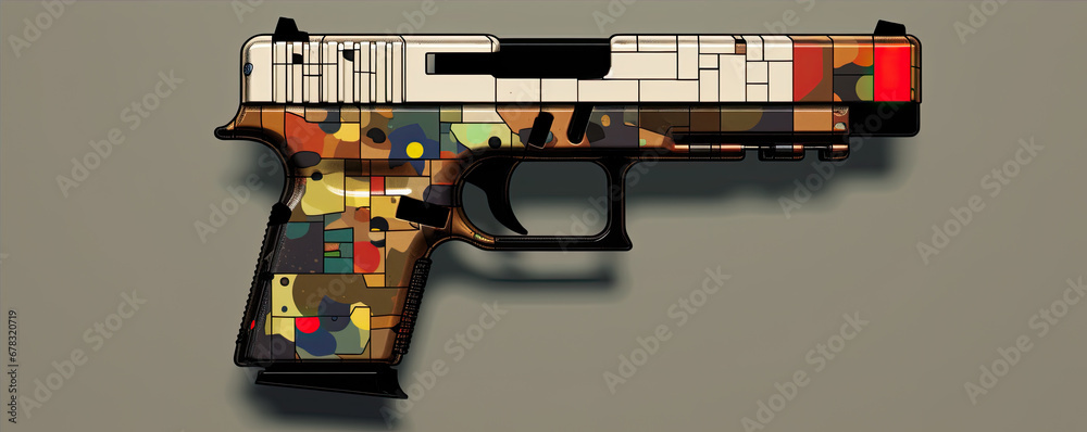 Vivid colored handgun on black background. Glock pistol weapon in ...