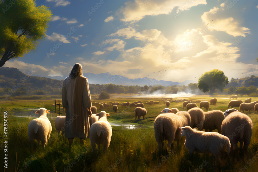 Jesus Christ, the good shepherd and sheep at the grove. AI generative ...