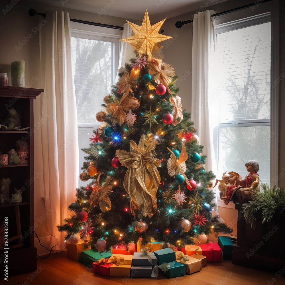 Bożonarodzeniowa choinka ozdobiona kolorowymi bombkami z gwiazdą na ...