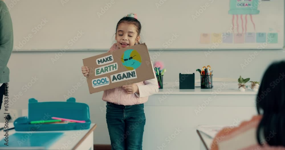 Presentation, poster for sustainability and a student girl in a ...