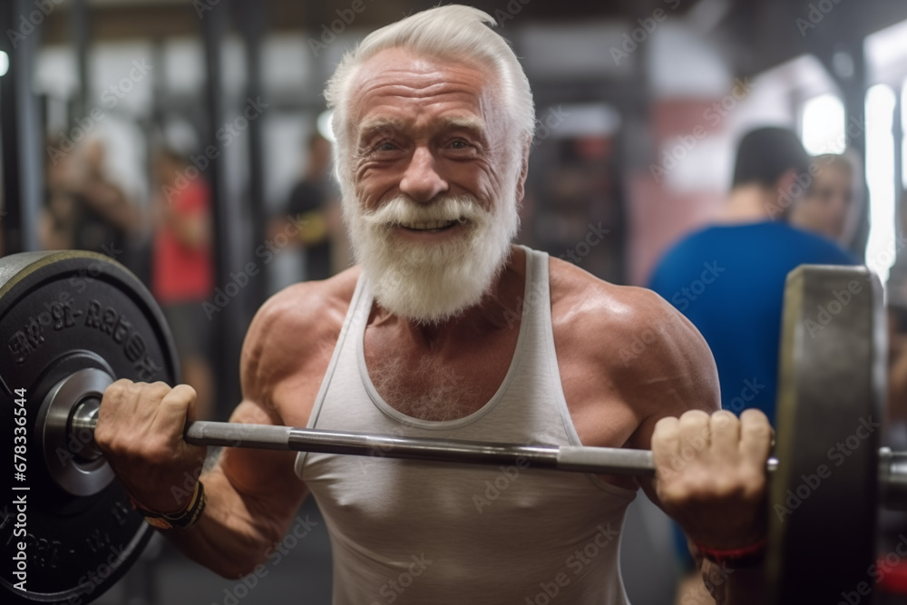 Bodybuilder. Elderly pensioner old man lifts a barbell in gym smiling ...