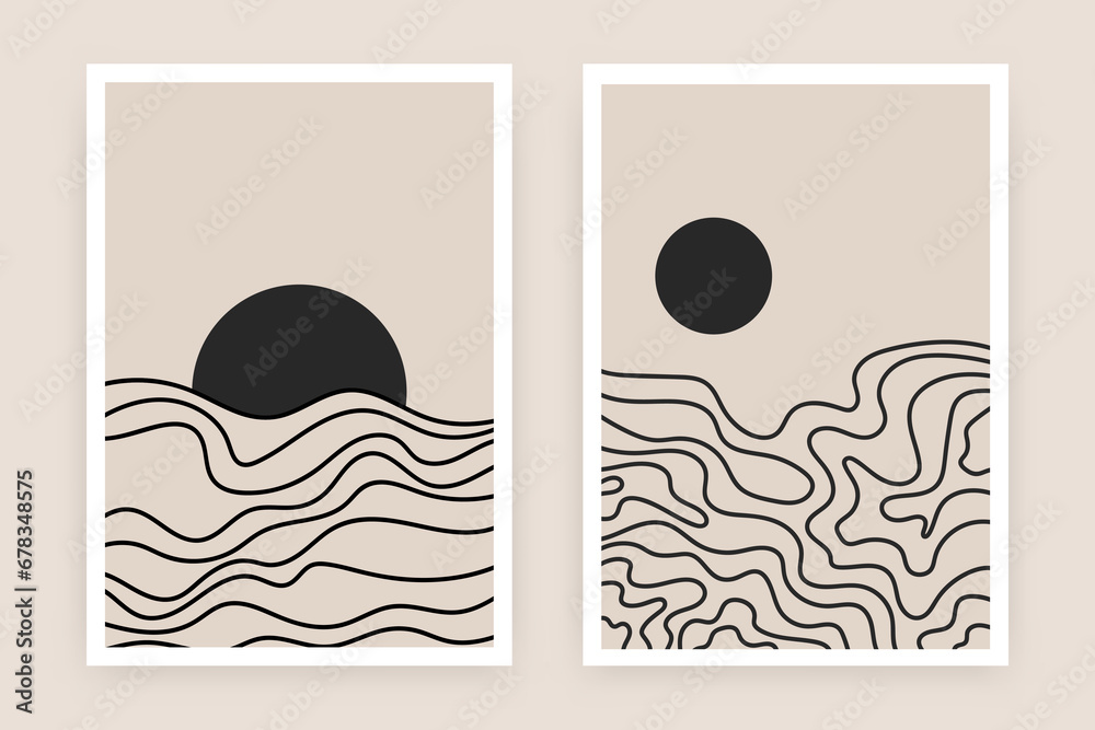 Abstract sun moon ocean posters. Contemporary nature sunset with waves ...
