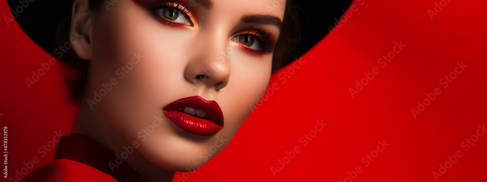 Girl model with bright red makeup, with an emphasis on red lipstick on her lips. AI Generated ...