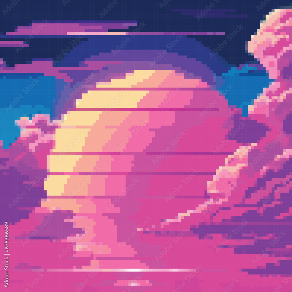Vector pixel art of 80s Retro sci-Fi background. Synthwave, Vaporwave ...