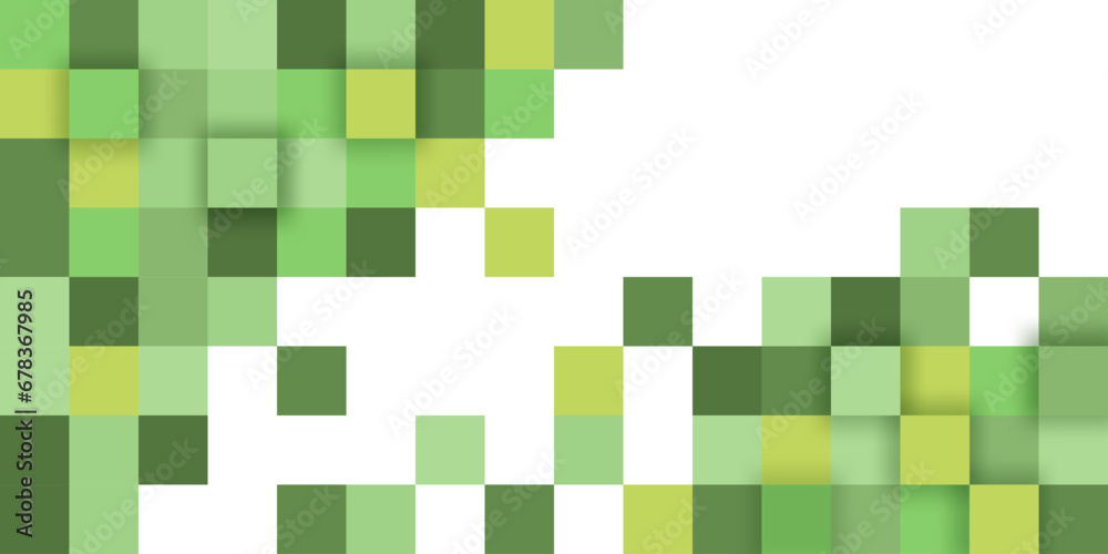 Large multi-layered pixelated green background made of squares of ...